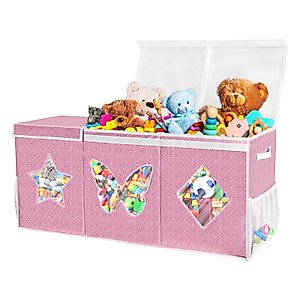 Extra Large Toy Box Chest for Girls, Collapsible Sturdy Toy Chest Bins with Lids, Kids Toy Storage Organizer Baskets for Kids, Boys, Girls, Nursery Room, Playroom, Bedroom, Closet, 40x14x17inch