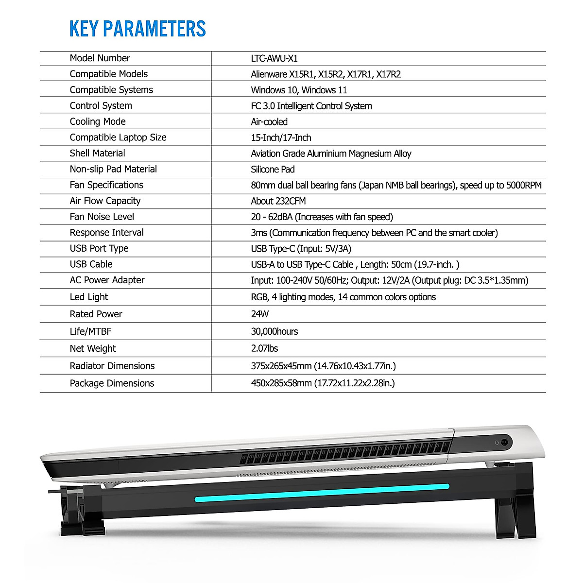 Smart Laptop Cooling Pad 15"-17" Cooler Pad, Compatible with Alienware X15R1, X15R2, X17R1, X17R2 (LTC-AWU-X1)