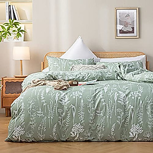 JANZAA 3 Pieces Duvet Cover, Queen, Sage Green, Floral Comforter Cover with Zipper Closure 4 Ties (2 Pillow Cases)