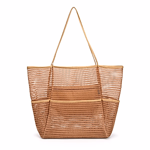 Tainehs Mesh Beach Tote Large Bag Shopping bags Grocery bag 2023 Upgrade for Women with Multiple Pockets for Family Travel Swimming Waterproof Pool Bag Khaki