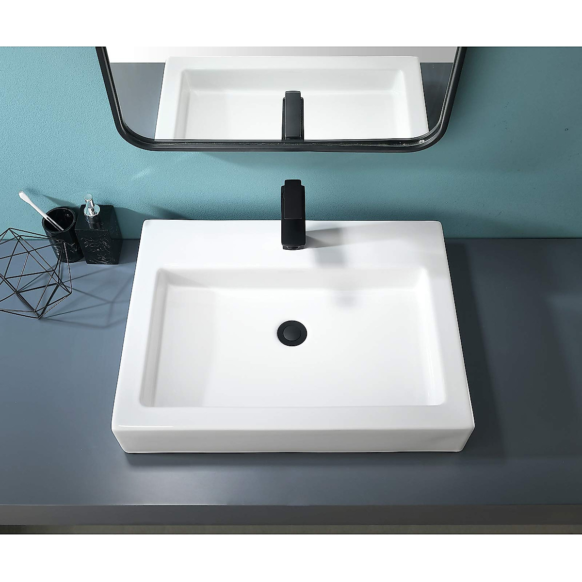 Bathroom Vessel Sink Rectangular White,VALISY 24 x18 Inch Above Counter Porcelain Ceramic Vessel Sink, Rectangle Modern Vanity Lavatory Bath Countertop Bathroom Sink Bowl Basin with Single Faucet Hole