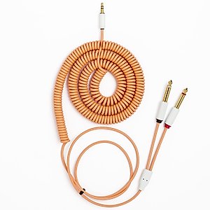 MyVolts Candycord Audio Cable, Straight Mini Jack to 2 x Straight Large Jack, Curly 155cm to 300cm, Sunset Peach Colour