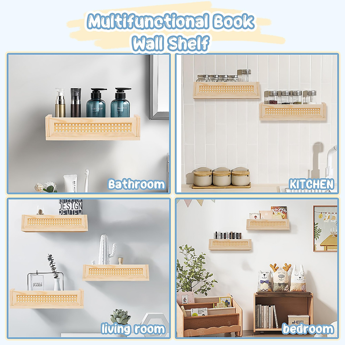 Defined Deco 3 Pack Floating Rattan Shelves, 16" Boho Rattan Wall Shelf Storage for Bathroom and Kitchen, Floating Wicker Bookshelf Rattan for Kids and Nursery Room Bookcases or Toy Decor