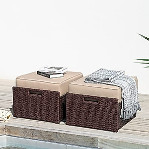 Super Patio Outdoor Ottoman, 2 Piece All Weather Wicker Rattan Patio Ottoman Set with Thick Cushion, Extra Large Outdoor Footstool Footrest (Espresso Brown)
