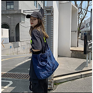 Denim Tote Bag Casual Style Lightweight Classic Retro Travel Shopper Shoulder Handbag Crossbody Handbag (Dark Blue)