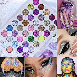 BERVEAL 40 Colors Glitter Sparkle Eyeshadow Palette Glitter Glue Pallete Eyeshadow Face Paint Glitter, White Silver Colorful Sparkly Eye Makeup