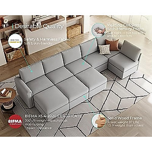 LINSY HOME Modular Sectional Sofa, Oversized Sectional Couch with Storage, Ottomans, Modular Sectional Sleeper Sofa with Memory Foam, 9 Seat U Shape Sofa Set for Living Room, Grey