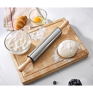 Rolling Pin with Wooden handle,9.6inch Stainless Steel Roller, rolling pins for baking,Which can be used to make Pizza, Pie Crust, Cookies, Pastry,sugar，Pasta and other dough.By Amber&Sean
