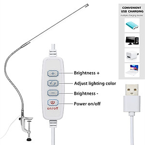 lishumei Desk Lamp with Clamp, 3 Modes 10 Brightness 360° Rotation Eye-Caring Reading Light,8W Long Flexible Gooseneck, Architect Task Lamp, USB Clamp Light for Home Office Manicure Reading