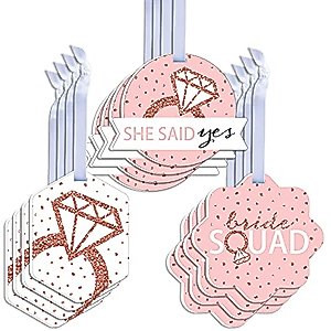 Big Dot of Happiness Bride Squad - Assorted Hanging Rose Gold Bridal Shower or Bachelorette Party Favor Tags - Gift Tag Toppers - Set of 12