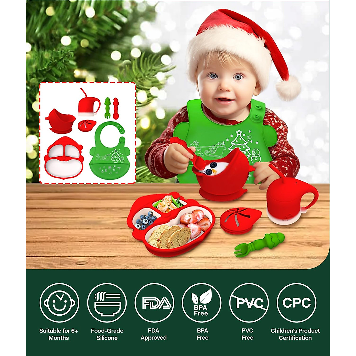 Silicone Baby Feeding Set for Christmas,Toddler Plates and Bowls Set with Suction, Baby-Led Weaning Supplies with Adjustable Bib, Sippy Cup,Chewable Spoons & Forks, Baby Utensils 6+Months