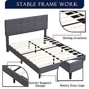 Queen Size Platform Bed Frame with Fabric Upholstered Headboard and Wooden Slats Support, Fully Upholstered Mattress Foundation/No Box Spring Needed/Easy Assembly (Grey, Queen)