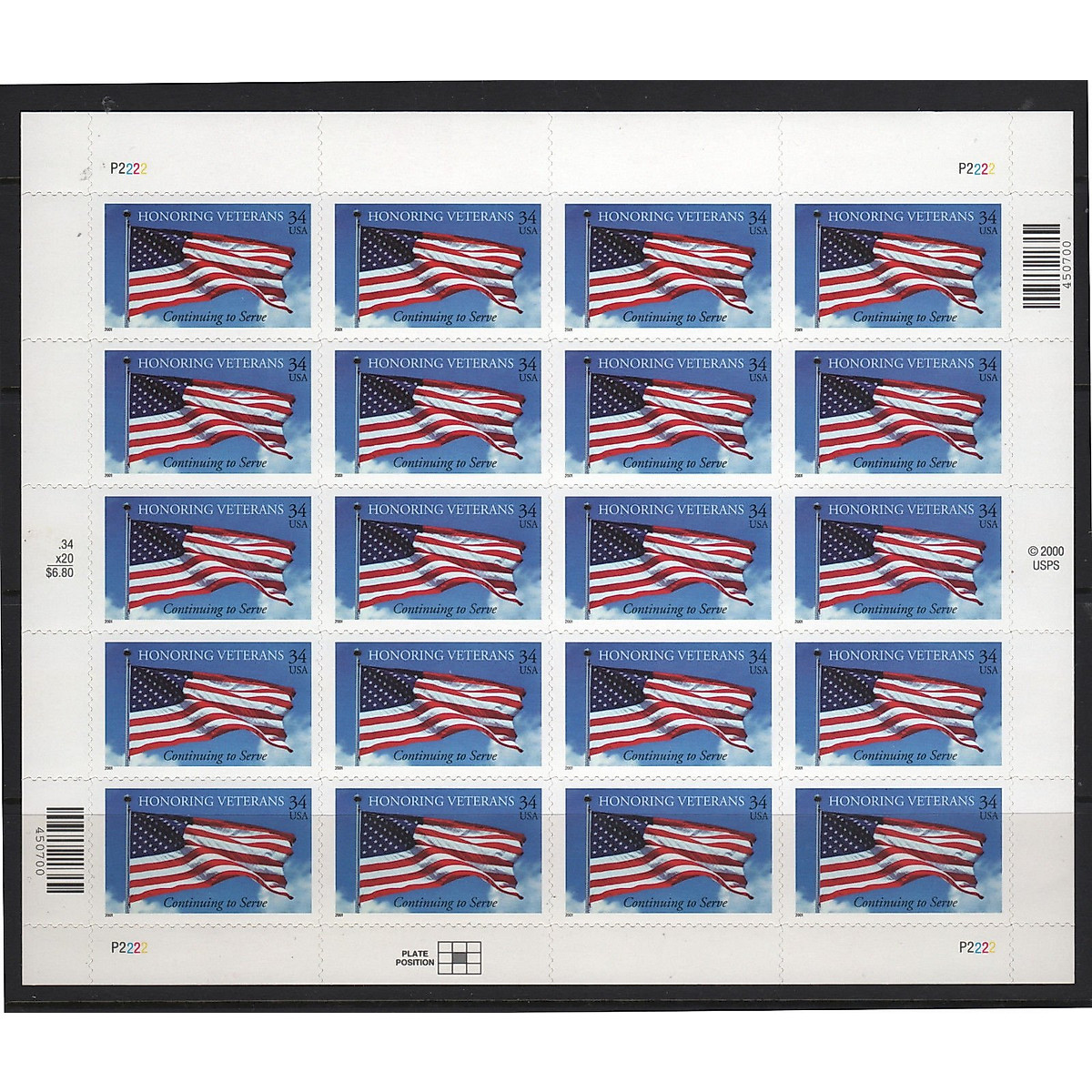 Honoring Veterans Scott 3508 Complete Sheet of 20 34 Cent Stamps
