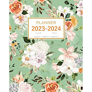 Planner June 2023-2024 May: 8x10 Large Notebook Organizer with Hourly Time Slots | Watercolor Flower Bouquet Design Green