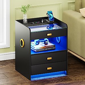 Nightstands with LED Lights, Smart Night Stand with Bluetooth Speakers & Body sensors, Modern Side Tables with Wireless Charging Stations,Black Bedside Table with Drawers (Black)
