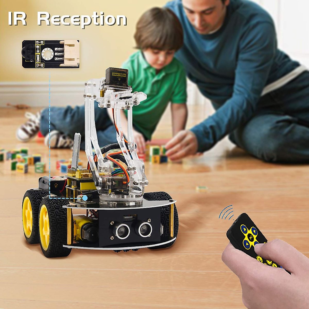 KEYESTUDIO 4WD Bluetooth Smart Car Robot Arm Building Starter Kit for Arduino ，for Uno R3 Programmable Robotics Coding Kit DIY Set for Student Adults 15+