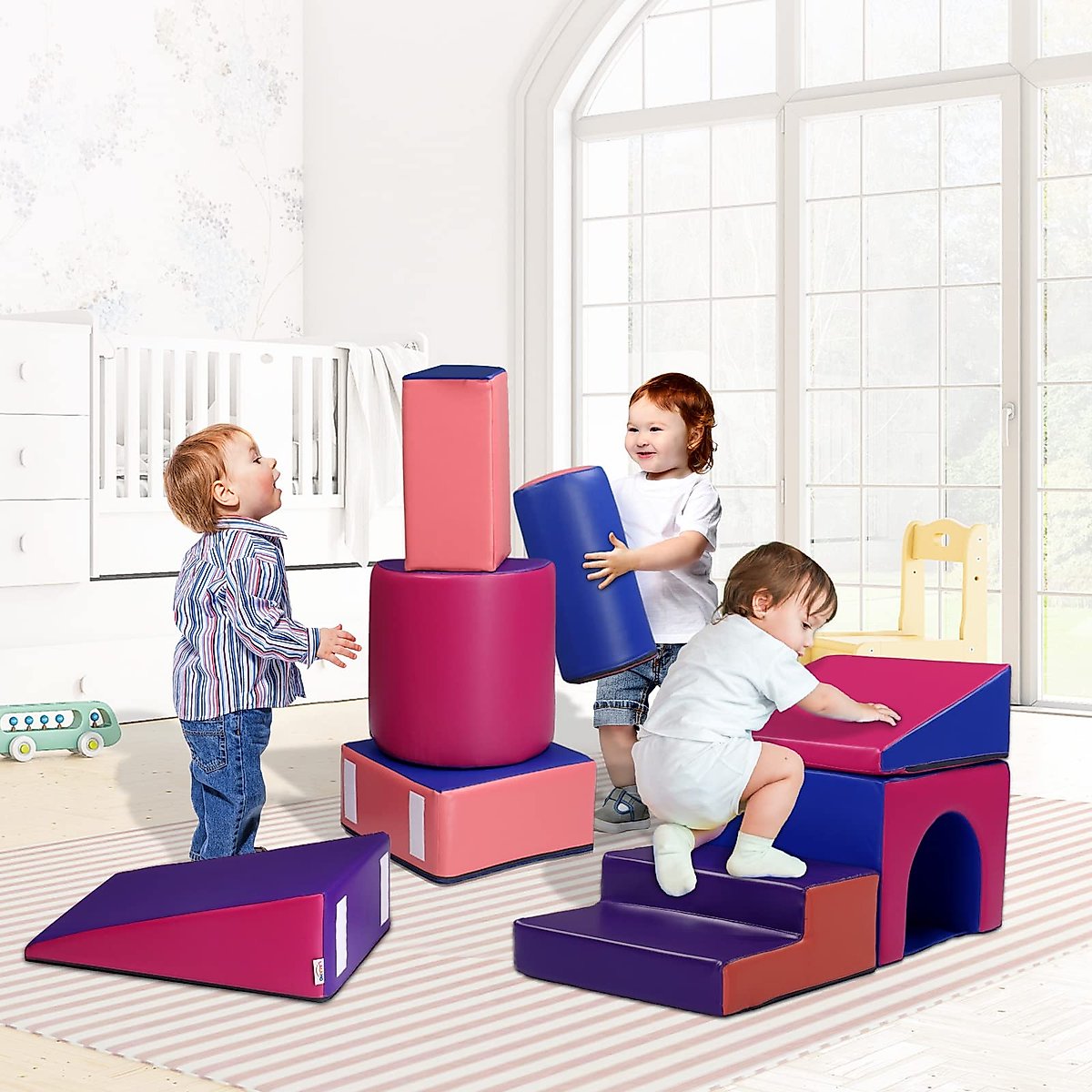 JOYMOR Soft Foam Climbing Blocks 5-Pieces Set, Crawl and Climb Foam Blocks, Beginner Toddler Climber with Slide & Ramp, Indoor Active Play Structures for Babies and Toddlers Age 1-3