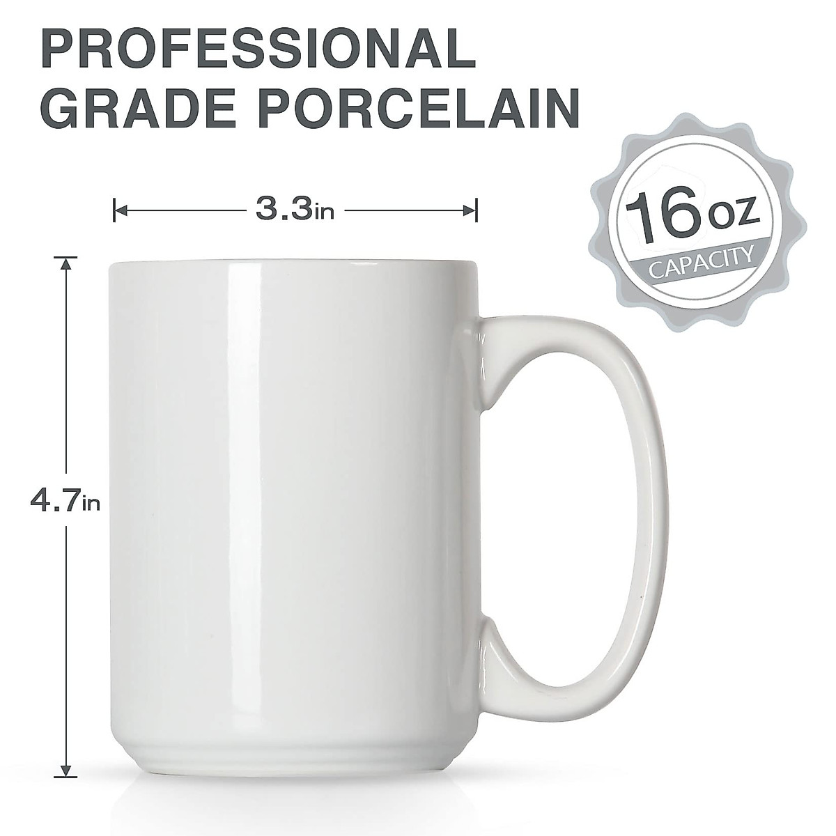 16 OZ Porcelain Coffee Mugs, Smilatte Classic Blank Ceramic Cup with Large Handle for Tea Latte Cappuccino, Set of 4, White