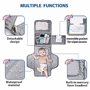 Portable Diaper Changing Pad with Built-in Head Cushion,Newborn Baby Changing Pad with Smart Wipes Pocket,Waterproof Travel Changing Mat Station kit,Baby Diaper Bag Shower Gift for Boys and Girls…