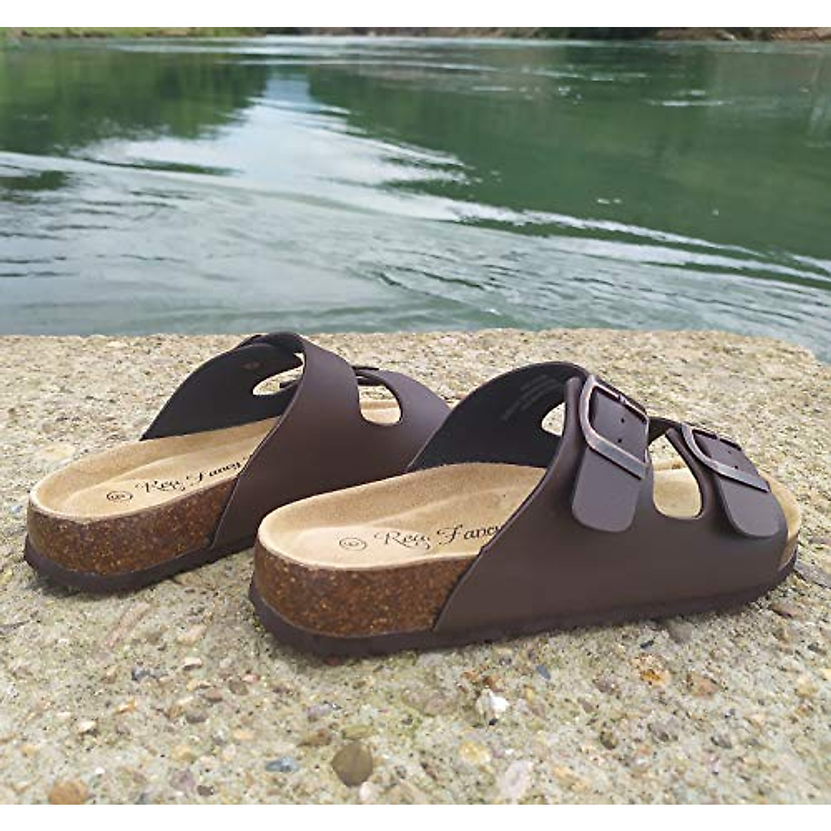 Real Fancy Men's Cork Footbed Sandals with Two Adjustable Buckle Straps - Slip on Summer Slide Sandals for men, Arch Support (Size 7)