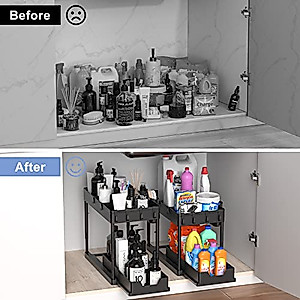 Under Sink Organizers and Storage, 2 Tier Black Bathroom Cabinet Organizer with 4-Height Adjustable Telescopic Tube,4 Removable Dividers,4 Hooks,1 Cup, Kitchen Under Sink Organizer,1 Pack