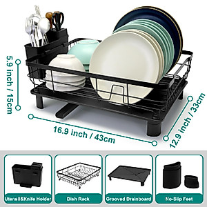 Goderewild Dish Drying Rack for Kitchen Counter,Space-Saving Dish Rack with Drainboard,Rustproof Countertop Dish Drainer with Utensil Holder for Sink,Black