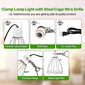 Simple Deluxe Clamp Lamp Light with Steel Cage Wire Grillup and 150W Reptile Ceramic Heat Bulb, E26 Socket, 6' Cord for Amphibian Pet & Incubating Chicken,Silver