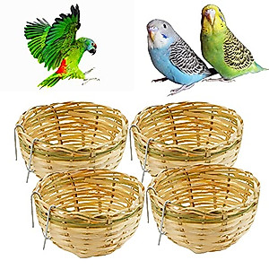 4 Pack Tiny Handwoven Bamboo Bird Nest Cage House Hatching Breeding Cave with Hook for for Small Bird Parrot Budgie Parakeet Cockatiel Conure Lovebird Finch Canary Cockatoo African Grey