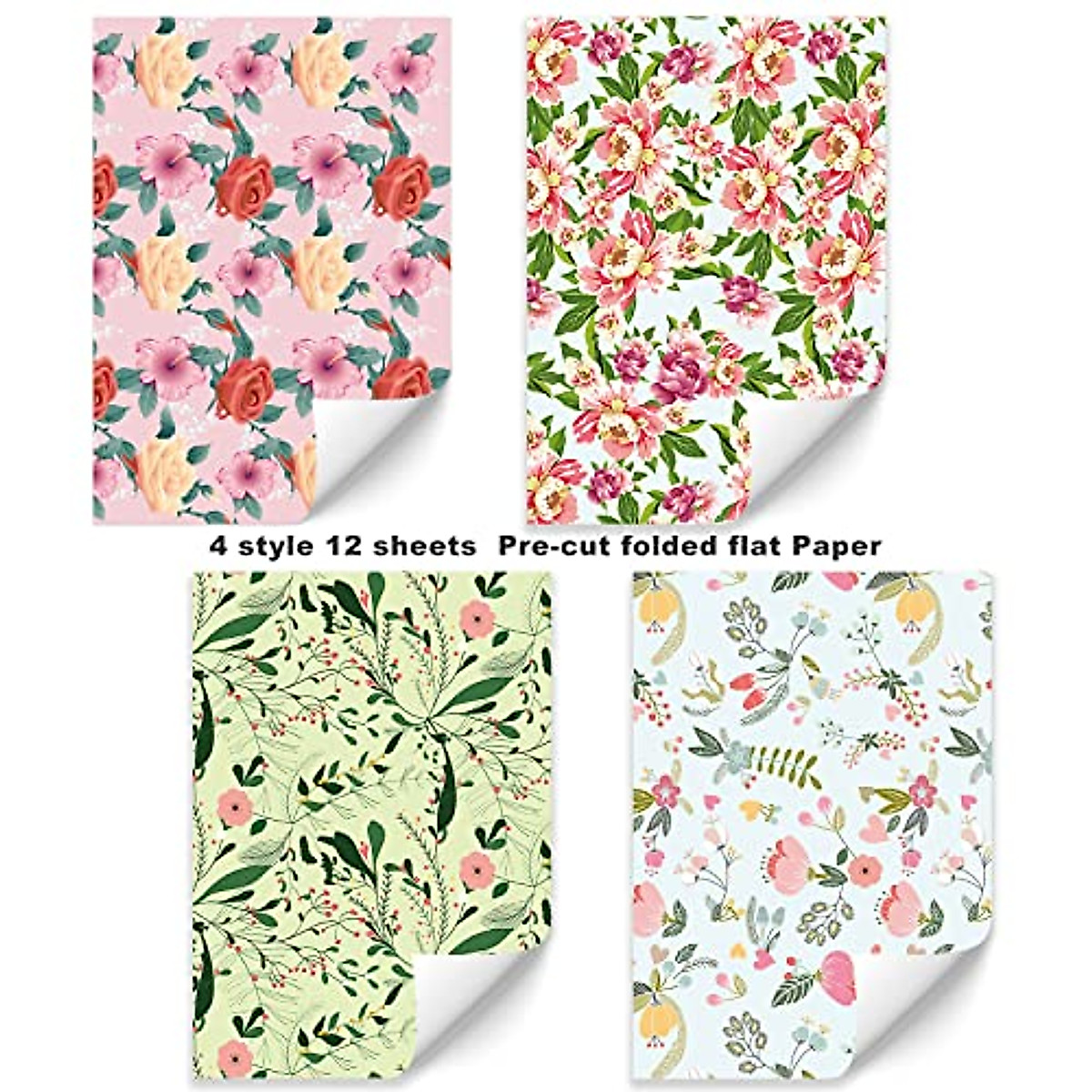 PlandRichW Floral Wrapping Paper Folded Sheets for Women Girls Baby, 12 Sheets Recycled Gift Wrapping Paper for Wedding, Birthday, Mother's Day, Party, Baby Shower, Precut 20" X 29"