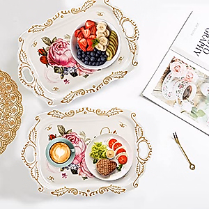 DEAYOU 3-Pack Melamine Serving Tray, Stackable Food Tray with Handles for Eating, Unbreakable Large Serving Platter with Floral Print for Gift, Party, Decor, Home, Restaurant, 16"L x 11"W, Rectangle