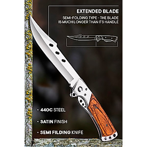 Long Blade Folding Knife - Sharp Hunting Hiking Camping Tactical Survival Work Knives for Men Women - Foldable Large Knife with Rosewood Handle - Fits any Knife Sharpener - Father s Day Gifts 4172
