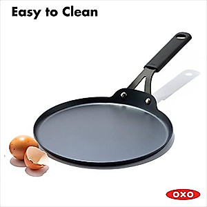 OXO Obsidian Pre-Seasoned Carbon Steel, 10" Crepe and Pancake Griddle Pan with Removable Silicone Handle Holder, Induction, Oven Safe, Black
