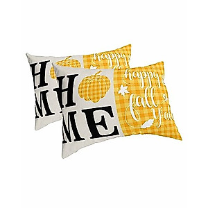 Edwiinsa Fall Pumpkin Pillow Covers King Standard Set of 2 Bed Pillow, Farmhouse Yellow Plaid Splicing Plush Soft Comfort for Hair/Skin Cooling Pillowcases with Envelop Closure 20''x36''
