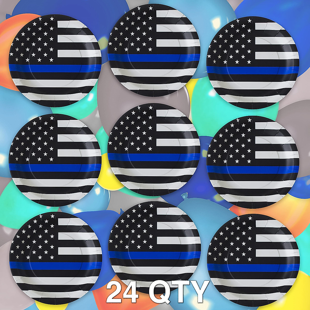 Havercamp Police-Thin Blue Line Lg. 9” Plates (24 Pcs.) in the Official Thin Blue Line Flag Pattern. 24 paper dinner plates