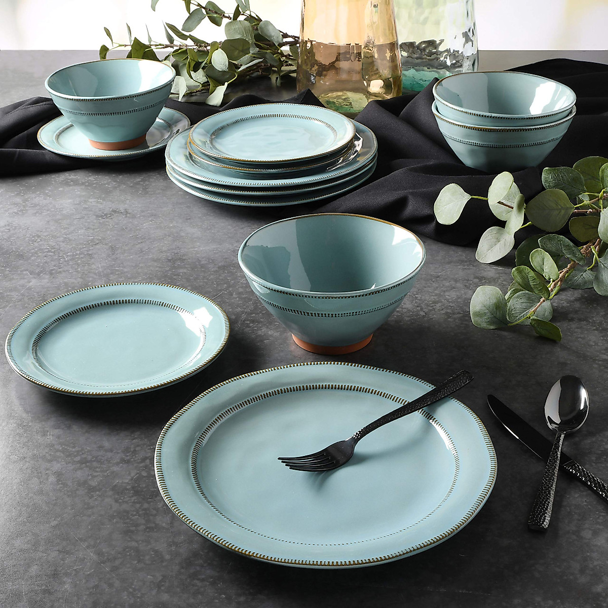 Gibson Elite Terranea Round Reactive Glaze Terra Cotta Dinnerware Set, Service for Four (12pcs), Teal
