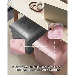 Storage Ottoman Foot Stool, 17 inches Folding Ottoman with Storage, Velvet Storage Bench with Side Pocket, Foot Rest for Living Room, Bedroom, Pink