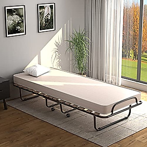 KOMFOTT Folding Rollaway Bed with Mattress, Foldable Bed with Memory Foam Mattress for Adults, Portable Fold Up Guest Bed with Sturdy Steel Frame on Wheels for Home & Office, Made in Italy (Beige)