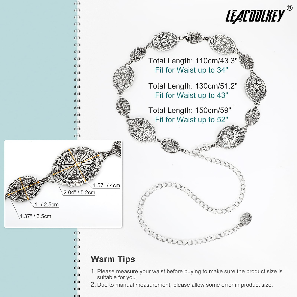 LEACOOLKEY Women Silver Western Concho Chain Belt Boho Metal Western Cowgirl Chain Belt for Dress Adjustable