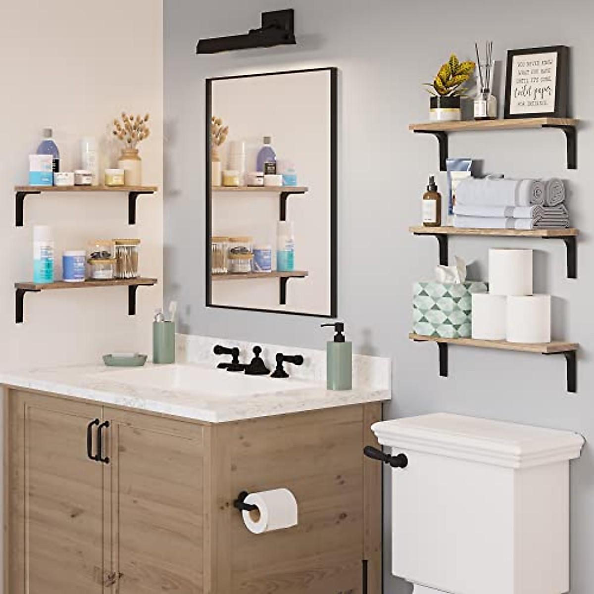 Wallniture Nola Floating Shelves for Wall Storage, Bookshelf Living Room Decor, Bathroom Organizer, 17" Wall Shelves for Bedroom, Kitchen Shelves Set of 5 Burnt Finish