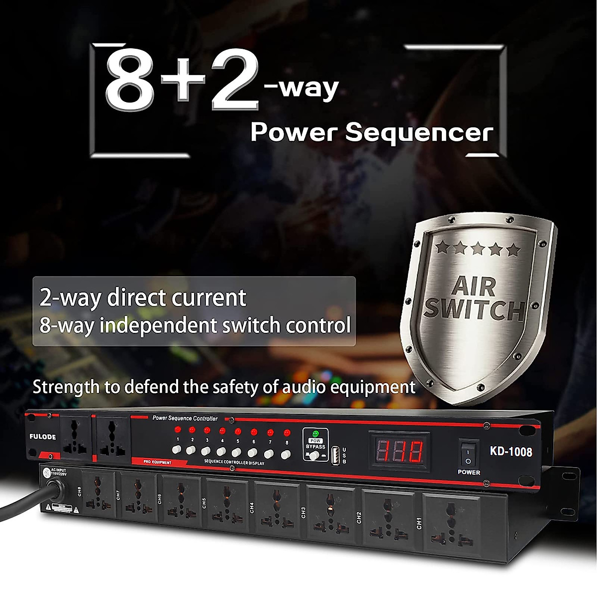 FULODE 10 Outlet Power conditioner -8 Independent Switch Rack power, Power conditioner rack mount Audio power conditioner Regulator w/Voltage Readout, With USB,Surge Protector (KD-1008)