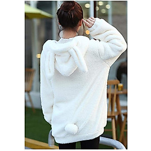 Women Bunny Ears Hoodie Fluffy Bunny Sweatshirt Top Coat Long Sleeve Kawaii Clothes Cute Hoodies Jacket (Bunny White)