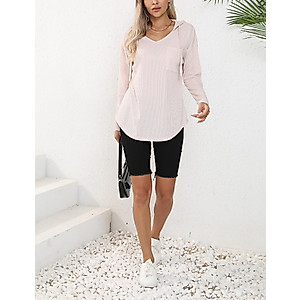 morhuduck Women's V Neck Hoodies Long Sleeve Sweatshirt Drawstring Pullover Tops with Pocket (Apricot M)