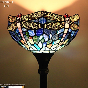WERFACTORY Tiffany Floor Lamp Sea Blue Stained Glass Dragonfly Light 12X12X66 Inches Pole Torchiere Standing Corner Torch Uplight Decor Bedroom Living Room Home Office S631 Series