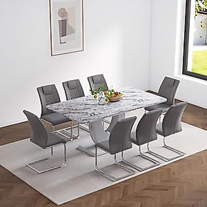 Gnrolaz 63" Marble Dining Table Set for 8, Modern Kitchen Table and Chairs Set with 1.4" Faux Marble Tabletop and 8 Gray PU Leather Dining Chairs, 9 Piece DiningTable Set for Dining Kitchen
