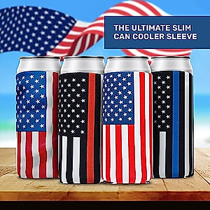 QualityPerfection Slim Can Cooler Sleeves, Beer/Energy Drink Pattern Skinny 12 oz Neoprene Coolie, Thermocoolers for 12 oz Tall Skinny Beverage - 6 Pack (American Flag Navy Blue)