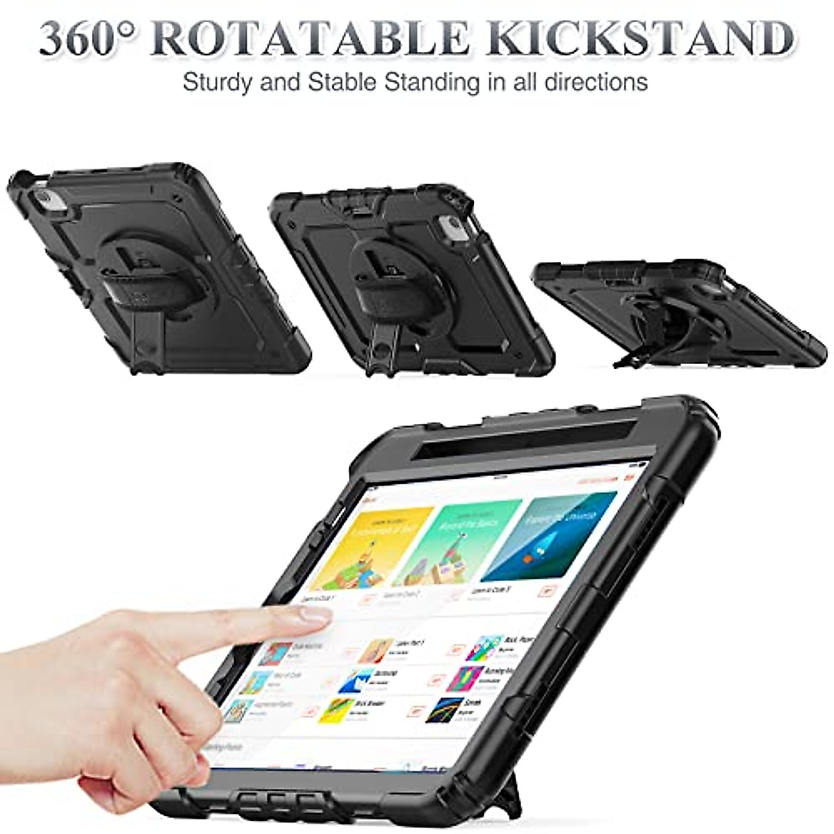 iPad Air 5th/4th Generation/Pro 11 (4th/3rd/2nd) Case, SEYMAC stock Full-Body Drop Protection Case with Screen Protector Pen Holder [360° Rotate Hand Strap/Stand] for iPad 10.9/11 Inch (Black)