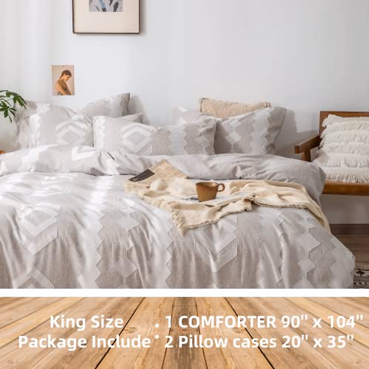 PERFEMET 3-Pieces Boho Tufted Shabby Comforter Set King Size Farmhouse Country Style Geometric Bedding Set for Girls Adult Embroidery Jacquard Ultra Soft Neutral Quilt/Bedspread Set (Light-Gray,King)