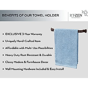 RTZEN Small Black Hand Towel Holder for Bathroom - Handcrafted Farmhouse Wrought Iron Kitchen Towel Rack - Matte Hand Towel Bar Hanger for Home or Office - 12" Wall Mounted Rack Fits 10" Towels