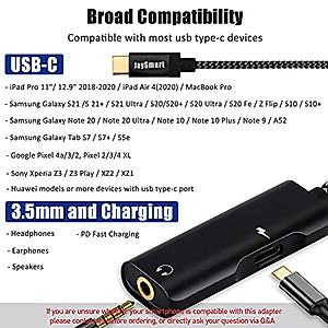 JaySmart USB-C to 3.5mm Headphone and Charger Adapter, 2-in-1 Type-C to 3.5mm Audio Jack Charging Port Aux Cable Compatible with Samsung Galaxy S22/S22+/S21/S20/Z Fold3/Note 20 Ultra/10 Plus