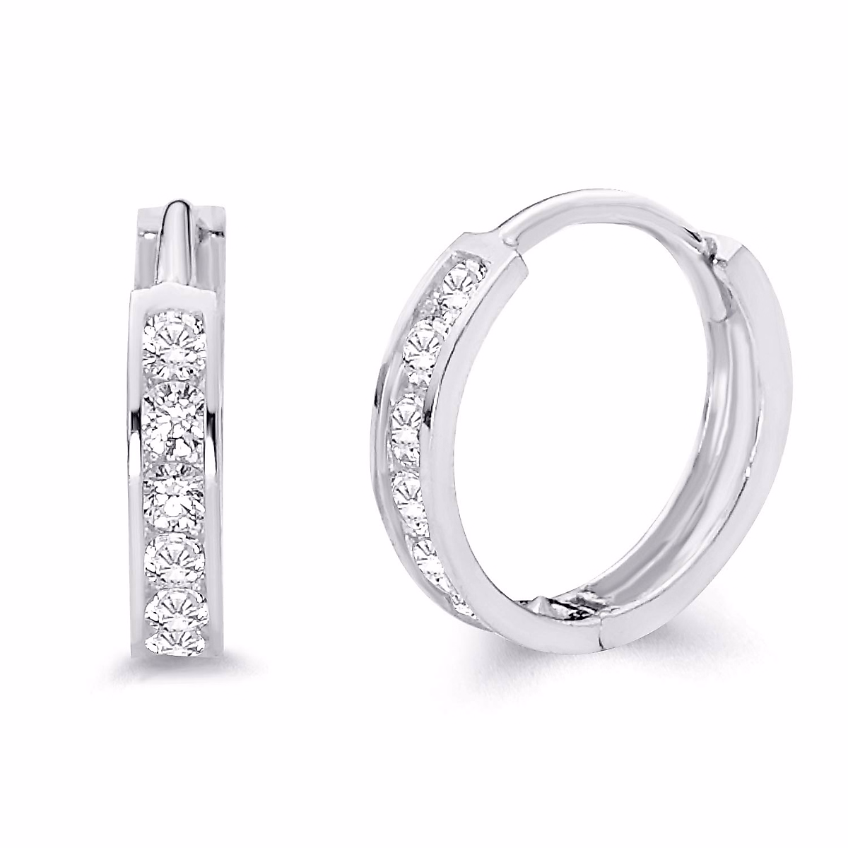 14k REAL White Gold 2mm Thickness CZ Channel Set Hoop Huggie Earrings (11 x 11 mm)